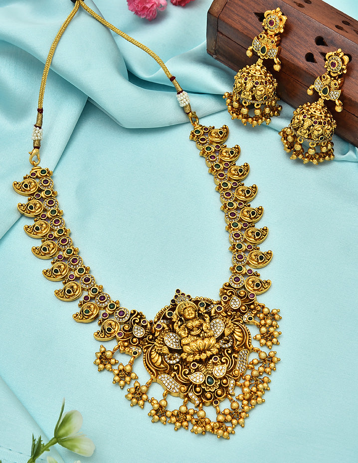 Designer Matt Lakshmi Devi Peacock Necklace Set With Gold Balls ...