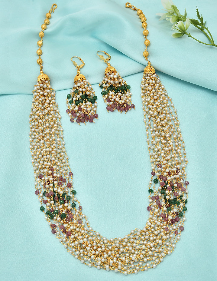 Designer Multi Line Pearls and Ruby Emerald Beads Mala Set – Violet ...